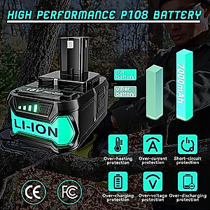 FERRYBOAT 7.0Ah High Performance P108 18V Battery Replacement for Ryobi Batteries,Compatible with Ryobi 18V ONE + Lithium ion Batteries P102 P103 P104 P105 P107 P109,2PACK