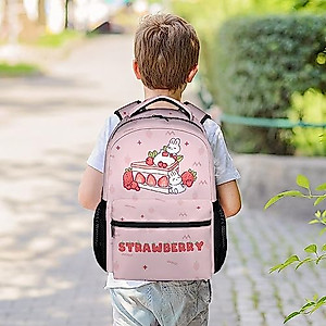 MEETUHONEY Strawberry Backpack for Girls - 16 Inch Cute Backpack for School - Light Pink Lightweight Durable Bookbag for Kids