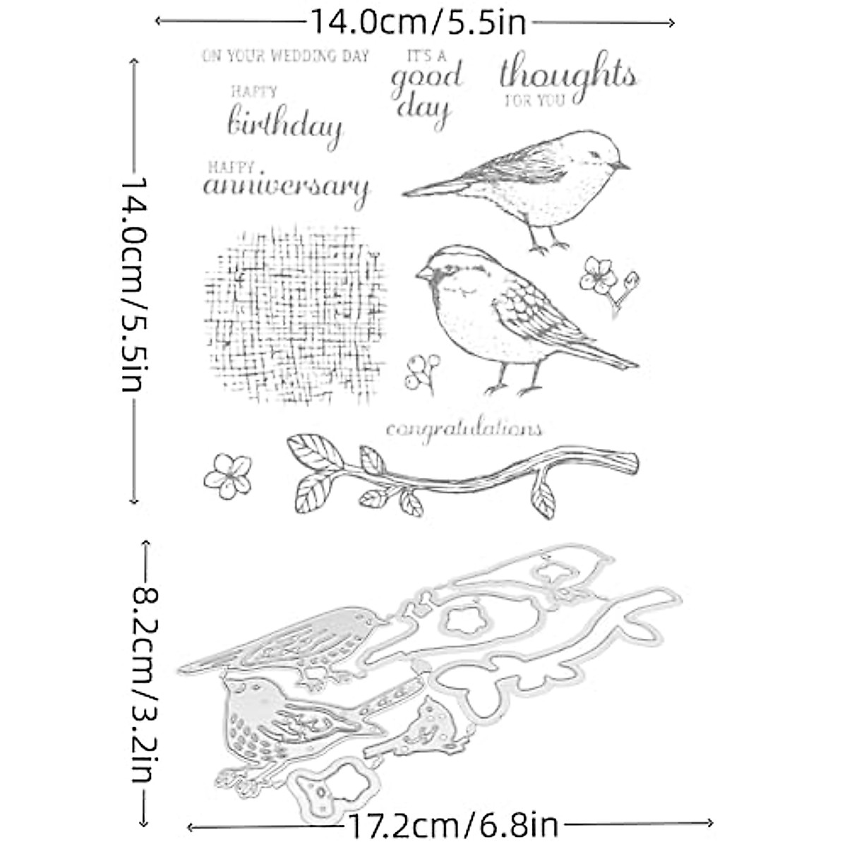 ZECNG Birds on Branches Clear Stamps Silicone Words for Card Making, Transparent Rubber Stamp and Die Sets for DIY Scrapbooking Decorate Photo Album Crafts