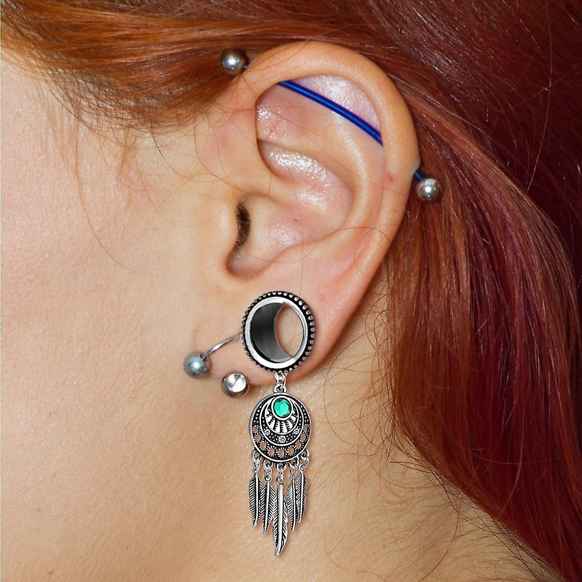 Aotiwe Vintage Gauges, Gauge Jewelry Leaves Dangle with Green Cubic Zirconia Silver 1 3/16 Inch 30mm Stainless Steel 2Pcs