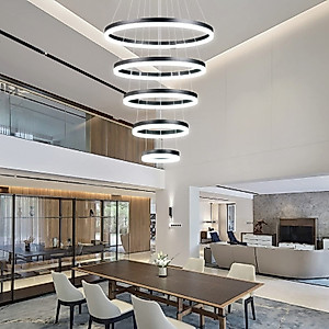 zhllmq Modern LED Chandelier Lighting 5 Rings Black Chandelier Contemporary Ceiling Pendant Light Fixture for Staircase Foyer High Ceiling Living Room 6000K Cool White