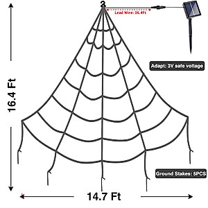 Outdoor Solar Powered Halloween Decorations Spider Web Lights, 14.8 x 16.4 FT Triangular White Spider Web with 135 LED Green Lights, Large Size Solar Halloween Decor