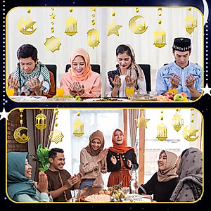 24 Pcs Ramadan Garland Eid Decoration Streamer Ramadan Mubarak Party Banner Star Moon Lantern Streamer Backdrop Shining Hanging Wall Decorations for Home Wedding Birthday Islam Party Decor (Gold)
