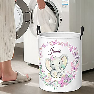 Puurbol Custom Cute Baby Elephant Laundry Hamper with Name Personalized Gifts Butterfly Laundry Baskets For Bathroom
