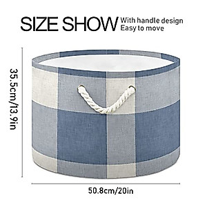 xigua Rustic Blue Plaid Storage Basket, Collapsible Round Toy Storage Bin, 20 x 14 Inches Laundry Basket with Handles, for Bedroom Living Room