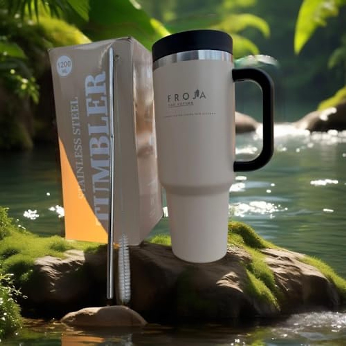 FROJA 40-oz Vacuum-insulated Stainless Steel Tumbler with Lid, Straw, 12 Hours Hot/24 Hours Cold, BPA-Free, Leak-Proof, Large Capacity