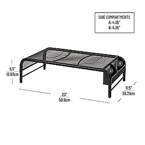 Mind Reader Monitor Stand, Ventilated Laptop Riser, Desktop Organizer, Side Storage, Metal Mesh, 20"L x 11.5"W x 5.5"H, Black