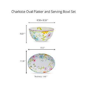 Charlotte Collection 15" Oval Platter and 9" Fruit/Vegetable Bowl, Multicolor Watercolor Floral/Garden Design, 2 Piece Stoneware Serving Set