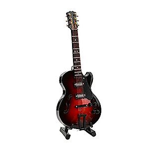 Dselvgvu Wooden Miniature Electric Guitar with Stand and Case Mini Musical Instrument Miniature Replica Dollhouse Model Birthday Home Decor (5.57"x2.09"x0.82")