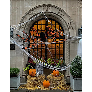 Kefron Hallow Decorations 150LED Light Up 23Ft Triangular Spider Web with 60'' Black Orange Giant Spider for Outdoor Home Yard Halloween Party Deco, Included 20 Mini Spiders 40g Stretchable Spiderweb