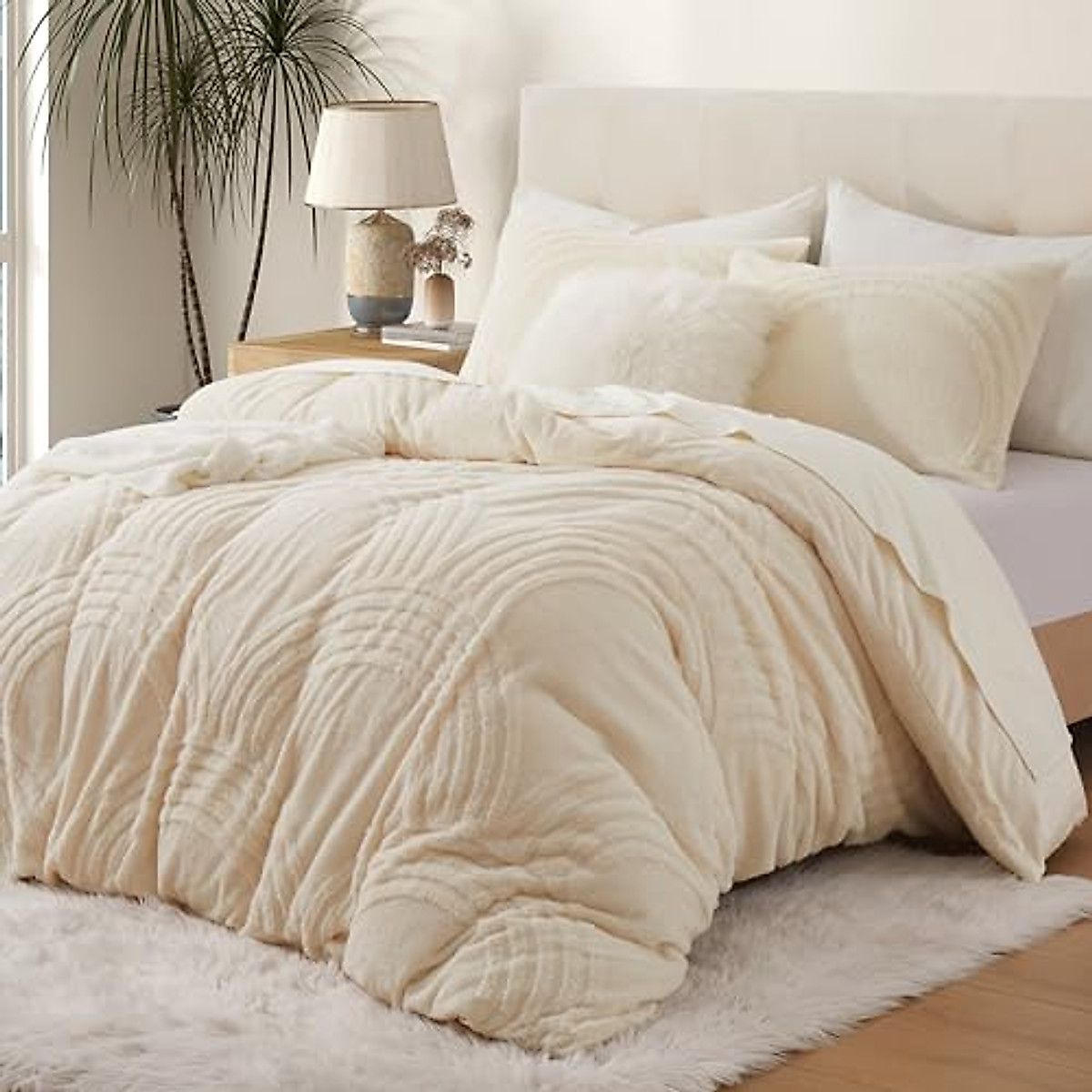 Oli Anderson Fluffy Duvet Cover Set Queen Size, 3 Pieces Tufted Plush Shaggy Comforter Cover, Ultra Soft Warm Fuzzy Faux Fur Bedding Sets, Ivory (1 Duvet Cover + 2 Pillowcases)