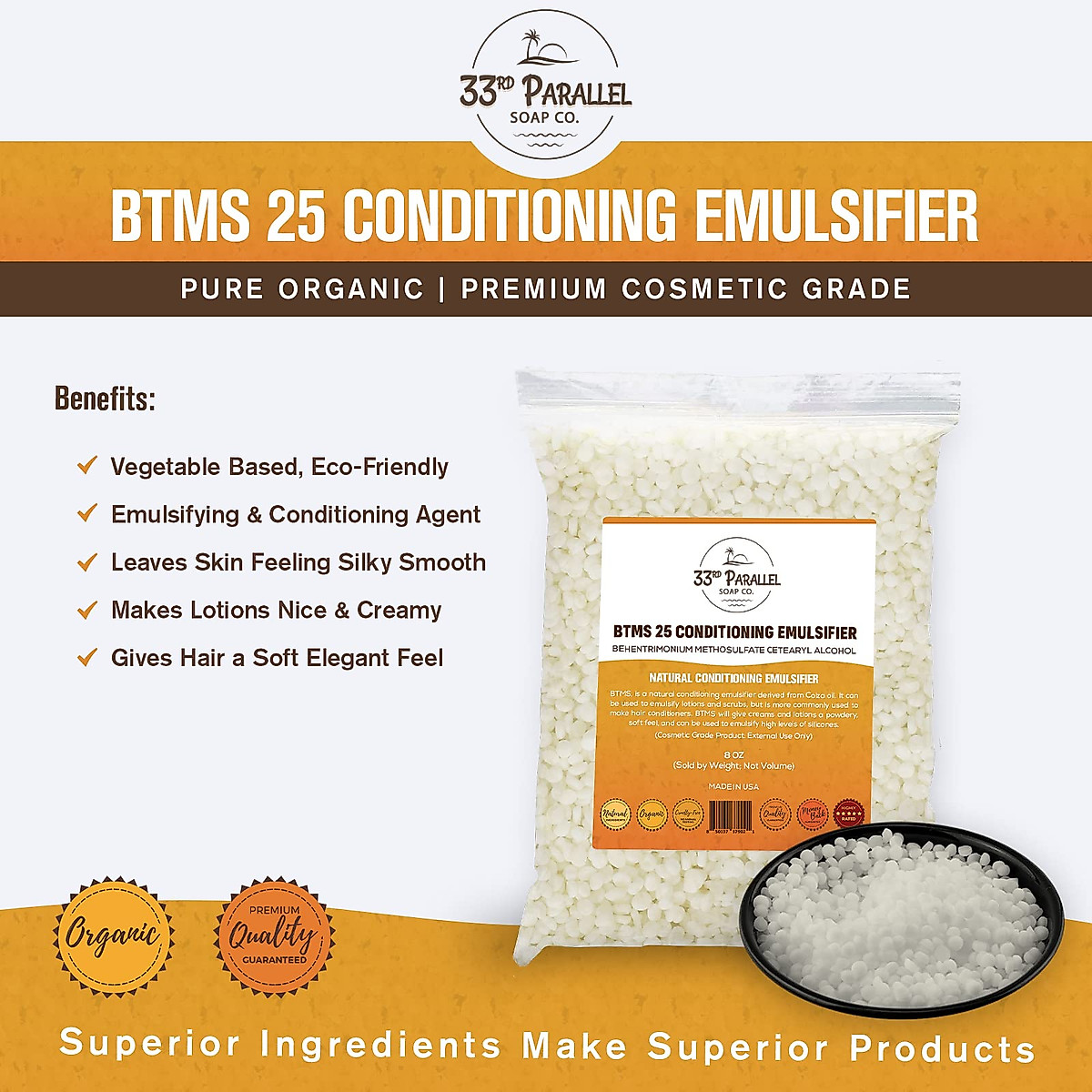 33RD PARALLEL | BTMS 25 (4 oz) Conditioning Emulsifier | Behentrimonium Methosulfate Cetearyl Alcohol Emulsifying Conditioner | (4 Ounces)