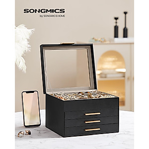 SONGMICS Jewelry Box with Glass Lid, 4-Layer Jewelry Organizer, 3 Drawers, for Big and Small Jewelry, Jewelry Storage, Modern Style, 8 x 9.1 x 6.5 Inches, Graphite Black and Gold Color UJBC173B01