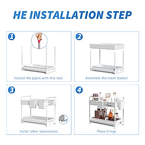 BAYANKHAR Under Sink Organizers and Storage, Multi-purpose Bathroom Organizer Under Sink, 2 Tier Under Kitchen Sink Organizer Sliding Cabinet organizer Basket with Hooks,Hanging Cup,white,2 Pack
