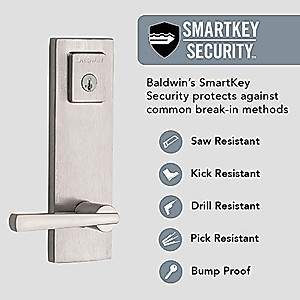 Baldwin Spyglass Single Cylinder Front Door Handleset Featuring SmartKey Security in Satin Nickel, Prestige Series with a Modern Contemporary Slim Door Handleset and Square Lever