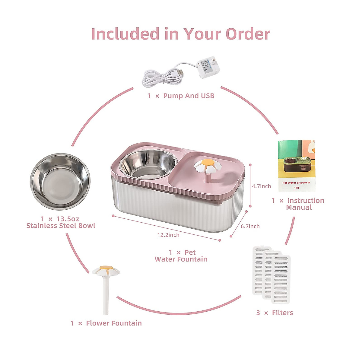 JEERAMIA Cat Water Fountain and Food Bowl, 3L/101oz Ultra Quiet Pet Water Dispenser with Smart Pump and 3 Replacement Filters, Automatic Flower Fountain & Stainless Steel Bowl for Dog & Cat (Pink)