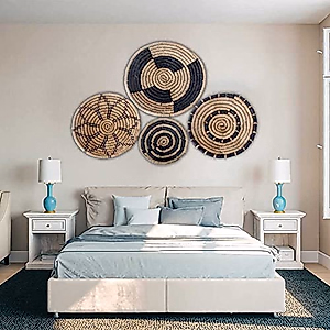 FORVE Hanging Woven Wall Basket Decor Set of 4, Handwoven Round Seagrass Baskets Wall Decor, Handmade Decorative Tray and Baskets with a Hook On The Back, Perfect for Living Room Unique Wall Art