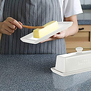 Butter Dish With Lid, WERTIOO Porcelain Butter Keeper With Handle Cover French Butter Dish Ceramic Butter Holder Container for Countertop, White