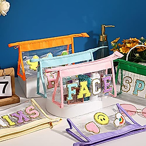 6 Pcs Clear Preppy Patch Makeup Bag Nylon Cosmetic Bag PVC Zipper Varsity Letter Toiletry Bag Multipurpose Makeup Bag for Purse Skin Care Bag Travel Pouches for Toiletry Preppy Organizer (Cute Color)