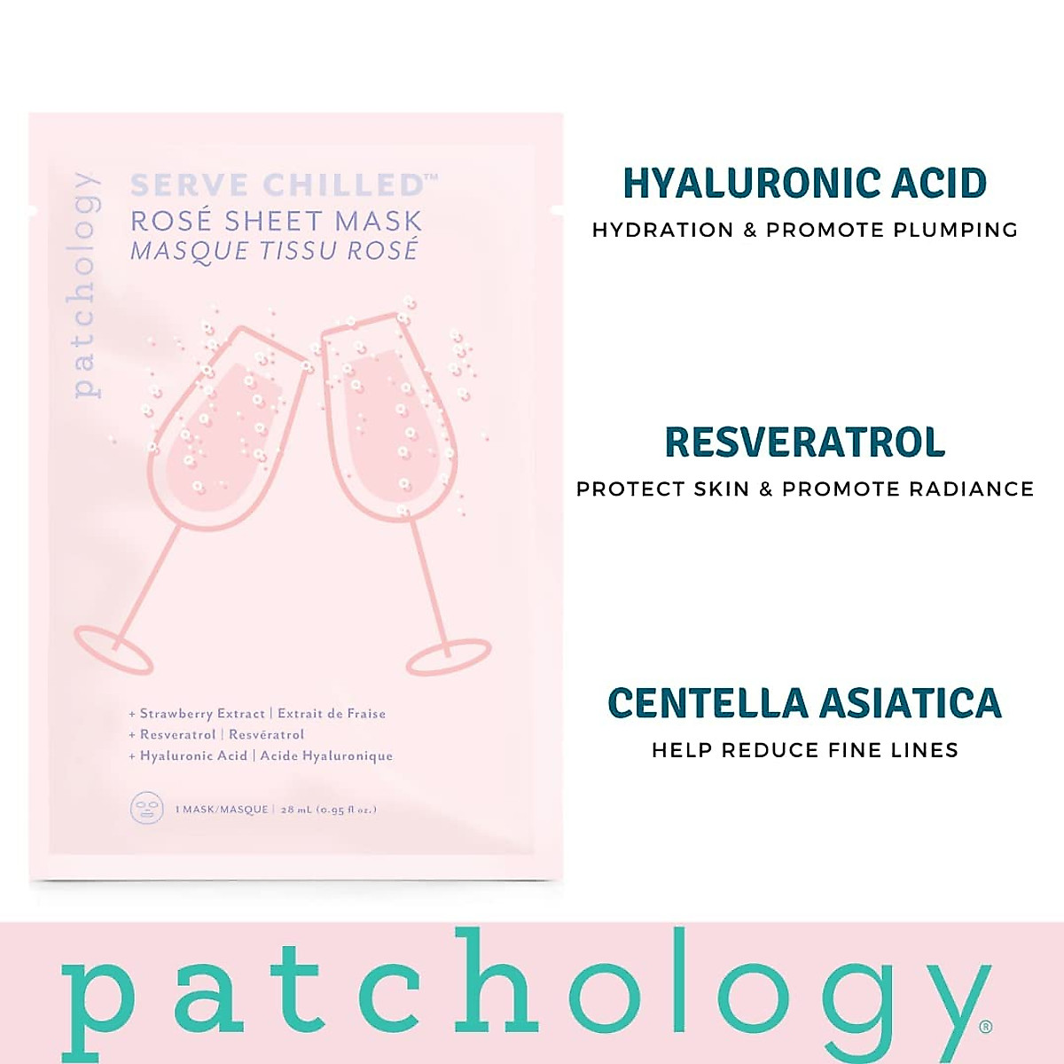 Patchology Serve Chilled Rosé Facial Sheet Mask with Hyaluronic Acid - Men and Women Face Masks Skincare Sheet for Moisturizing and Hydrating Skin - Best Face Sheets Moisturizer (1 Count)