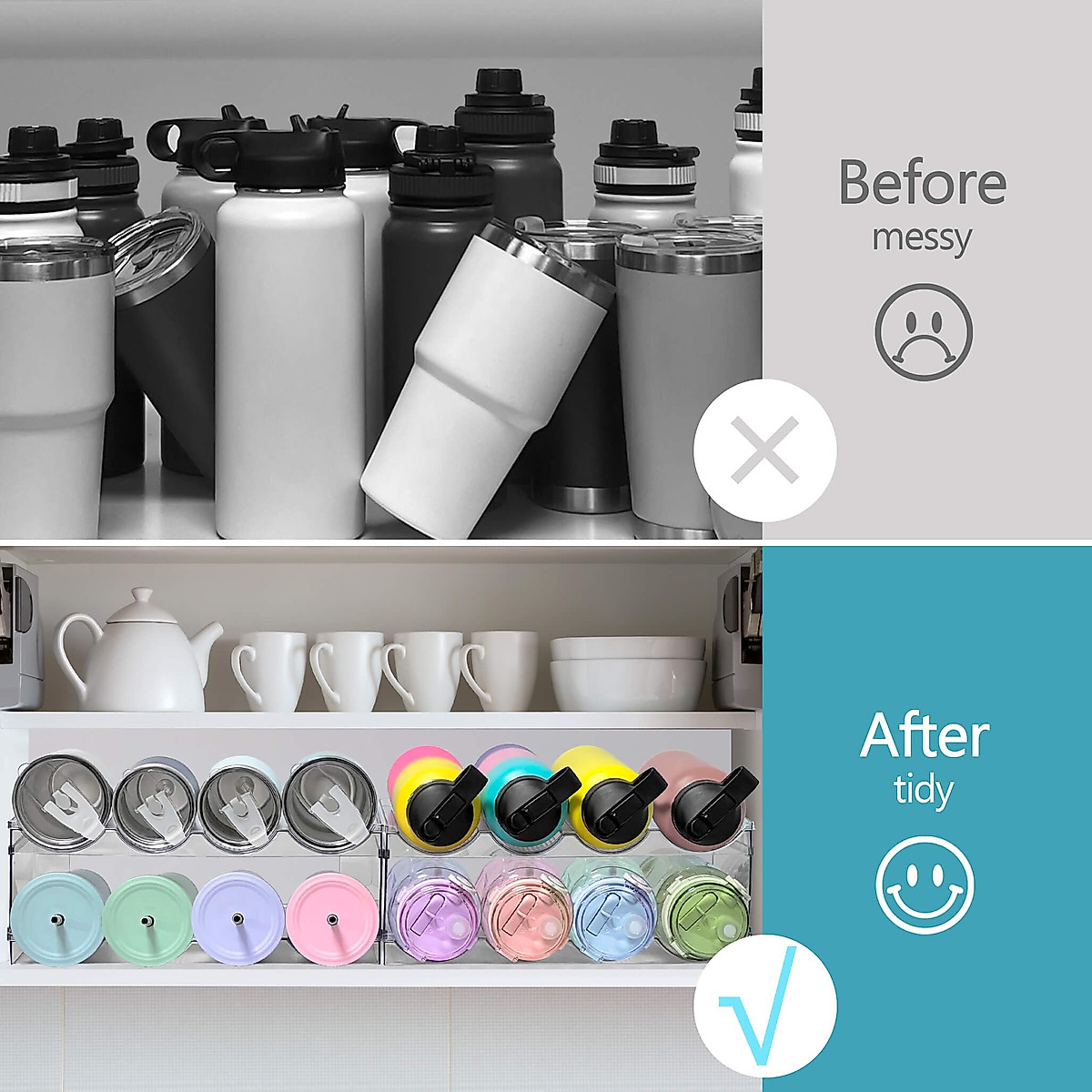 4 Pack Water Bottle Organizer, Large Compartment Stackable Kitchen Pantry Organization and Storage Rack, Plastic Water Bottle Holder for Kitchen Cabinet Organizer and Storage, Tumbler Mug Cup Shelf