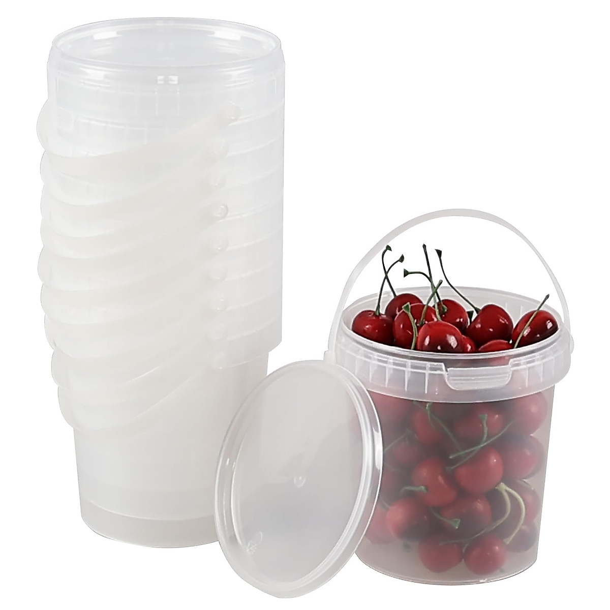 Xyskin 10 Pack Round Plastic Bucket Food Storage Containers, 28 oz Ice Cream Buckets with Lid and Handle, Clear