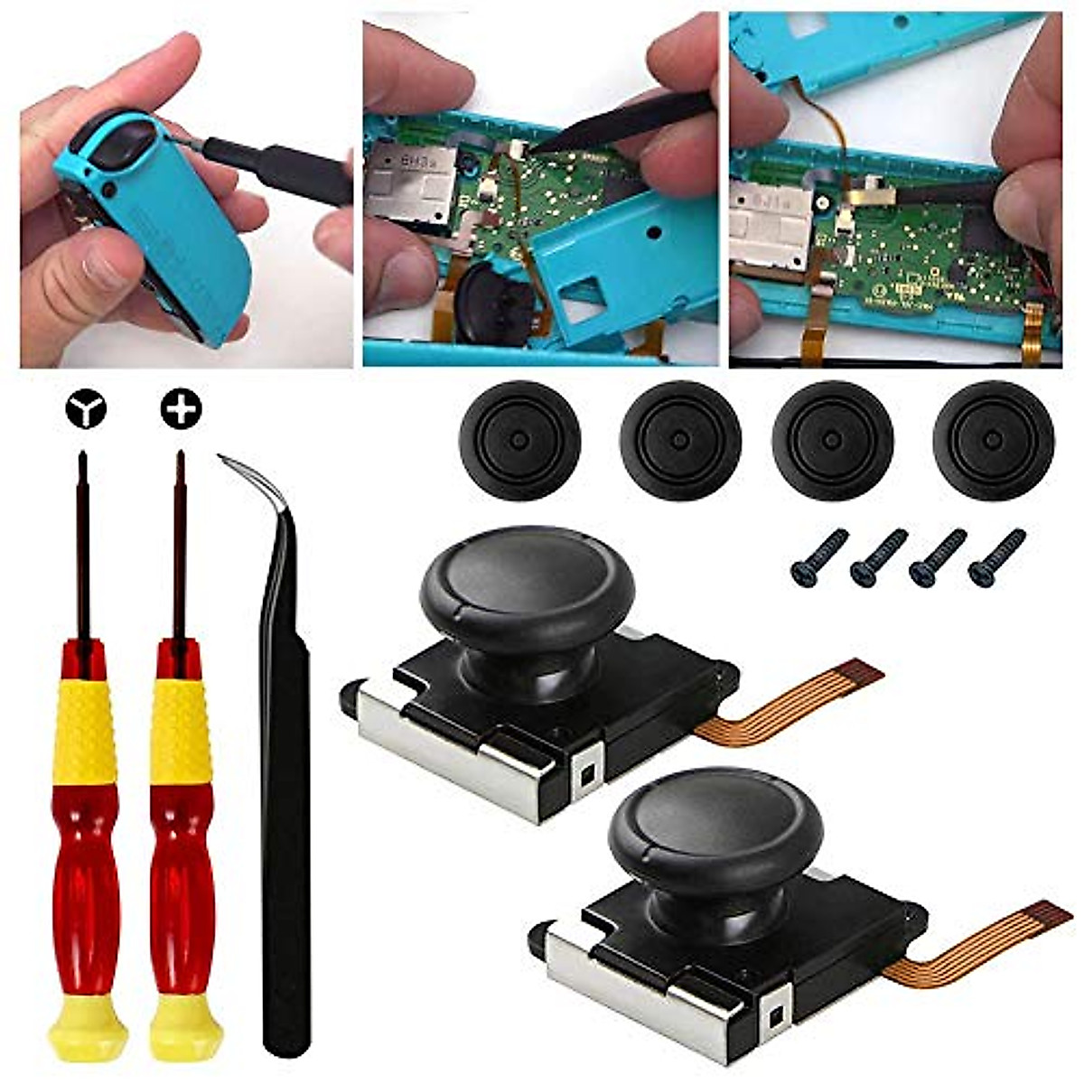 Joystick Kit,Joycon Drift Repair Kit,3D Replacement Joystick Analog Thumb Stick with Thumb Stick Caps,Y Screws,Joysticks,Y Tri-Wing Screwdriver,Cross Screwdriver,Tweezers(13pcs)