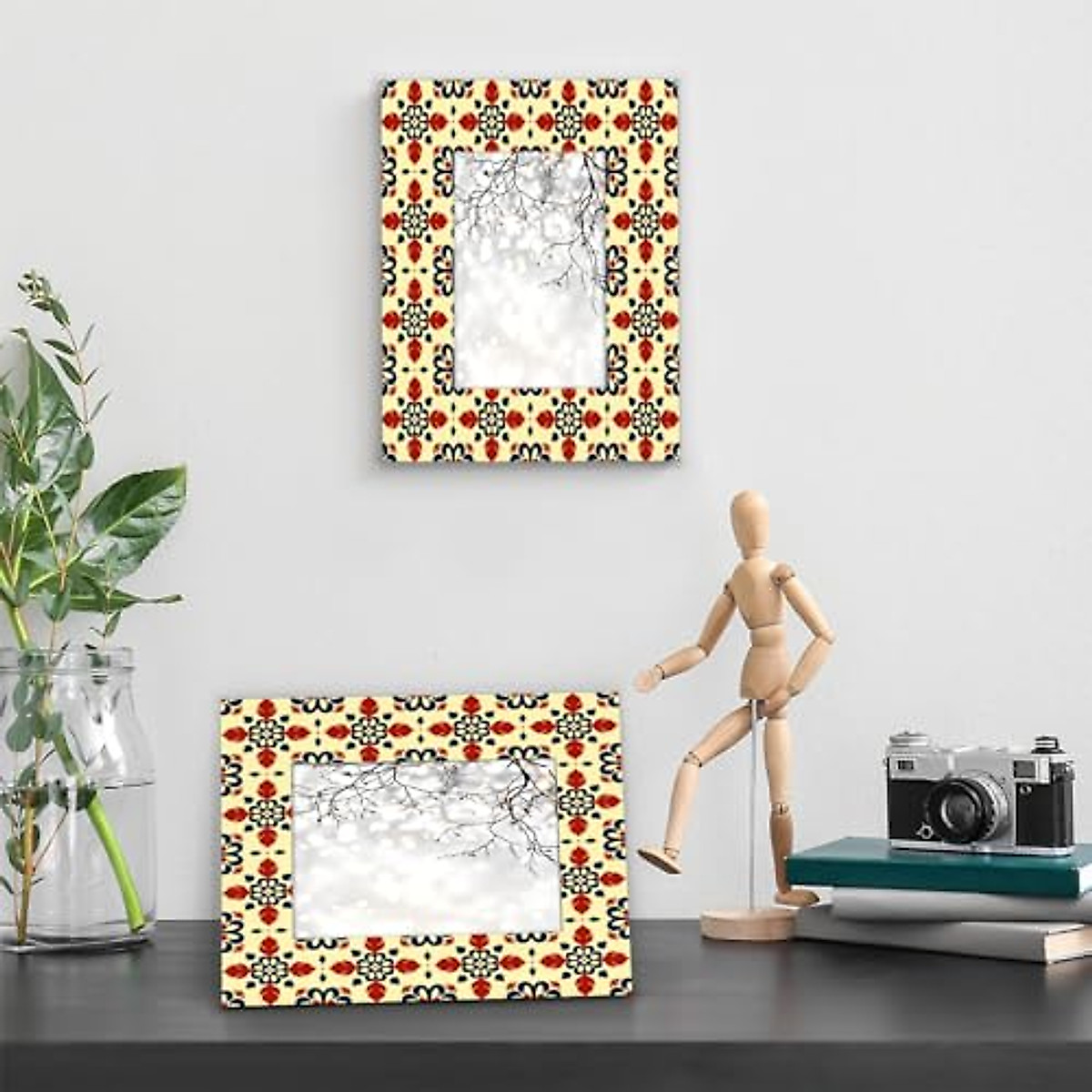 cfpolar Ceramic Tile Red Flowers 4x6 Picture Frame, Solid Wood 4x6 Photo Frame Fits to 4x6 inch Photo, High Definition Acrylic 4x6 Picture Frames for Tabletop & Wall Display Home Decor Frame