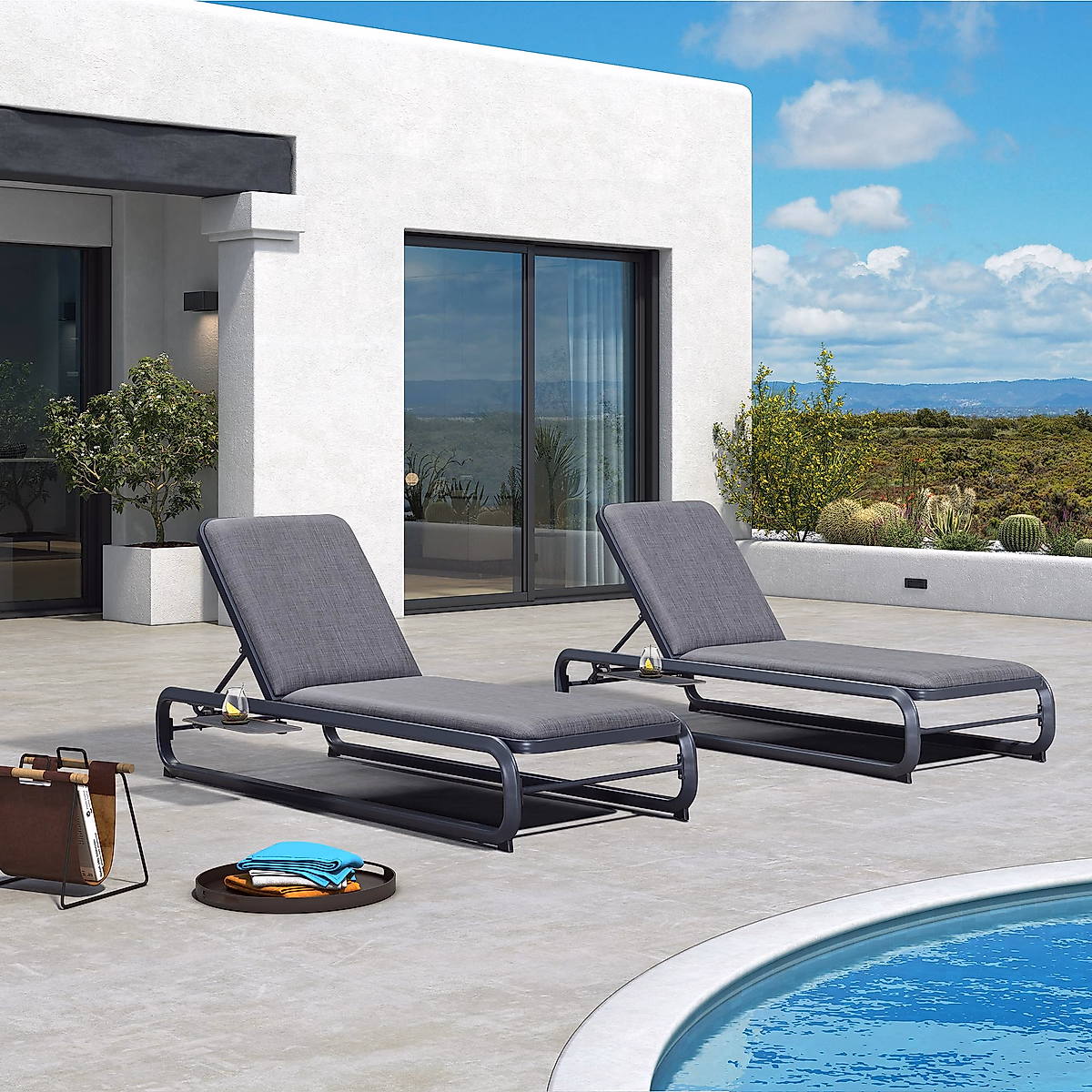 PURPLE LEAF Chaise Lounge Chair Recliner Outdoor for Patio Poolside w/Slide-Out Side Table with Cushion Adjustable Backrest 2 Pieces Dark Grey