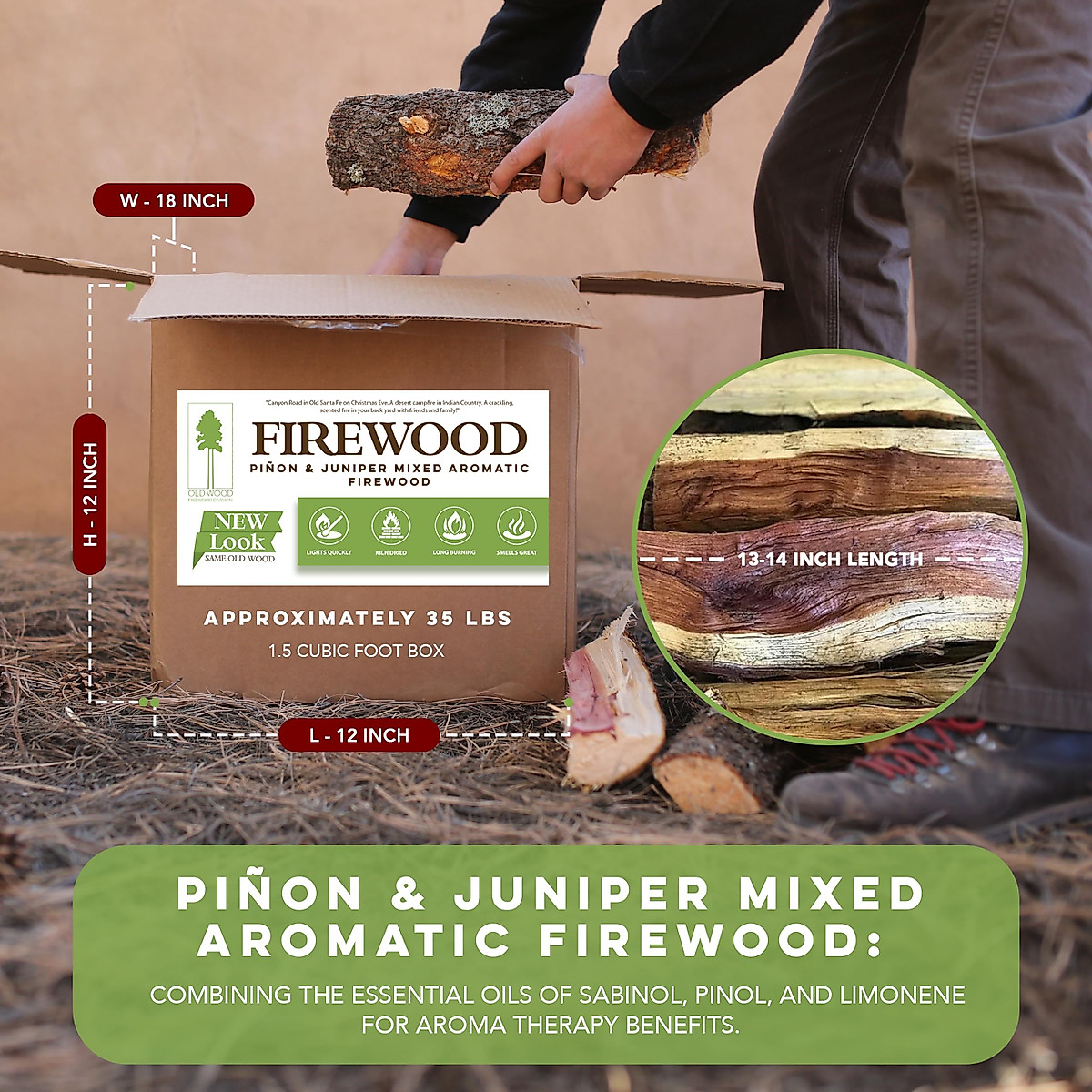 Old Wood Piñon and Juniper Firewood, Approximately 70lbs Box - Aromatic Blend for Indoor and Outdoor Use, 13"-14" Length, Southwest Scent - Fireplace, Fire Pit, Ambiance - 35 Box Packaging