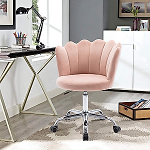 Goujxcy Cute Pink Desk Chair, Modern Velvet Vanity Makeup Chair, 360° Swivel Height Adjustable Comfy Accent Chair Rolling Chair for Home Office Bedroom Living Room (Pink)
