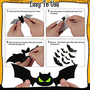 DIYASY 144 Pcs Bats Wall Decor, Glow in The Dark Bats 3D Bat Cutouts Halloween Decorations Light Up Eyes Paper Bats Stickers Black Plastic Sticky Decals for Home Indoor Outdoor décor Outside