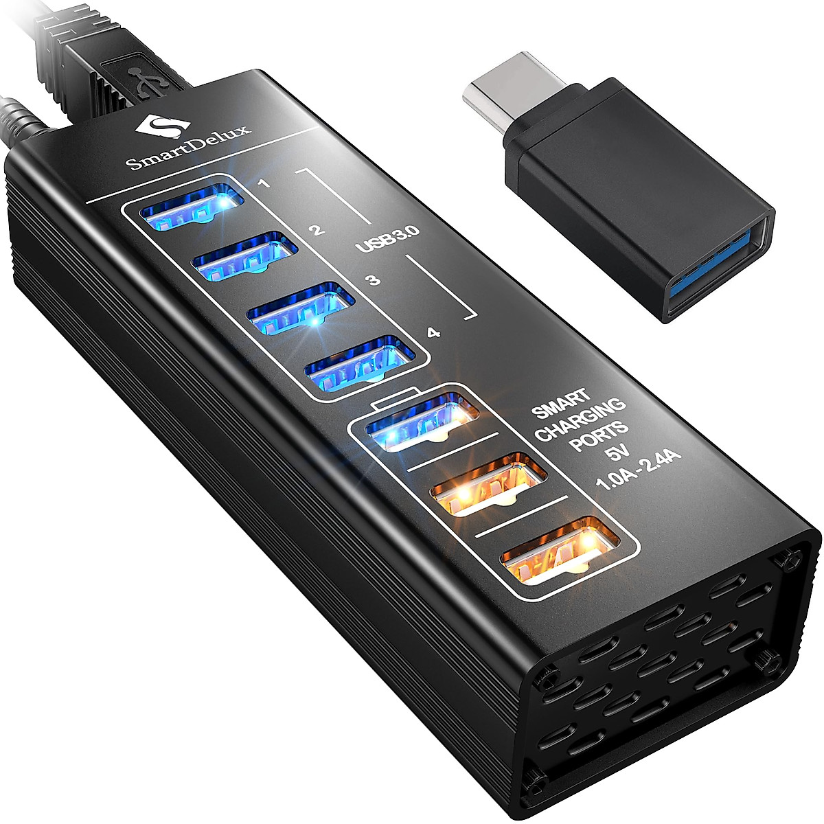 SmartDelux Powered USB Hub - USB 3.0 Ports Hub with 3 Smart Charging Ports, Power Adapter, Long Cord, LEDs (7-Port USB Hub)