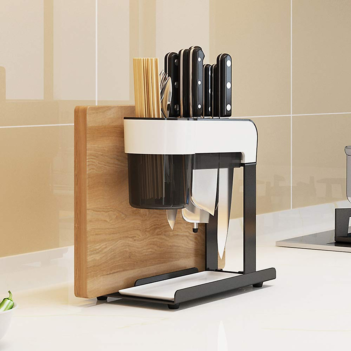 Multifunctional Knife Block Knife Holder Storage Rack with Drainboard, Cutting Board Drying Rack Cooking Utensil Holder Chopsticks Caddy for Kitchen Accessories Countertop Organization, Black