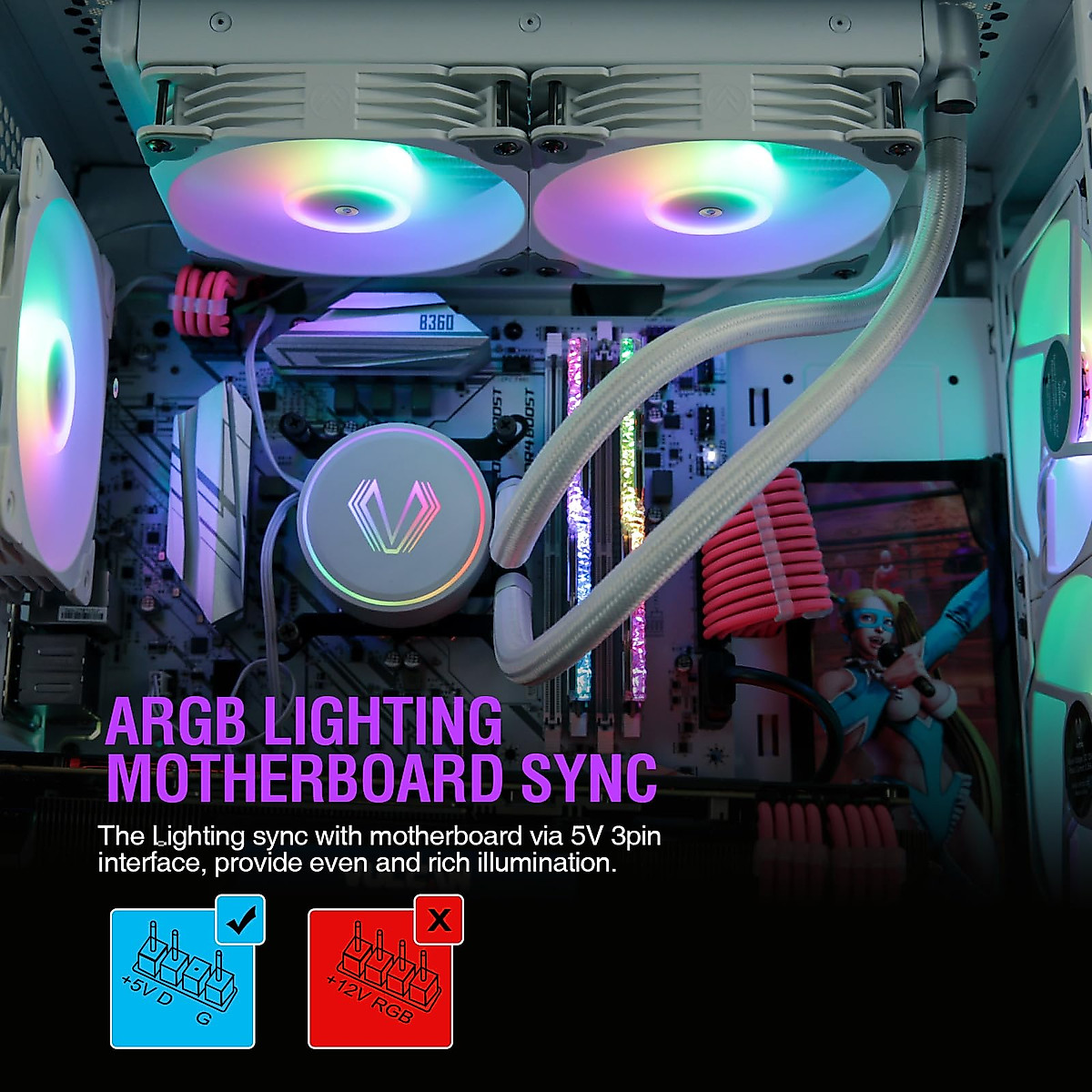 Vetroo V240 White Liquid CPU Cooler 240mm Addressable RGB Pump & PWM Fans 250W TDP AIO Water Cooling w/Controller Hub for Intel LGA 1851/1700/1200/115X AMD AM5/AM4 for Gaming Console