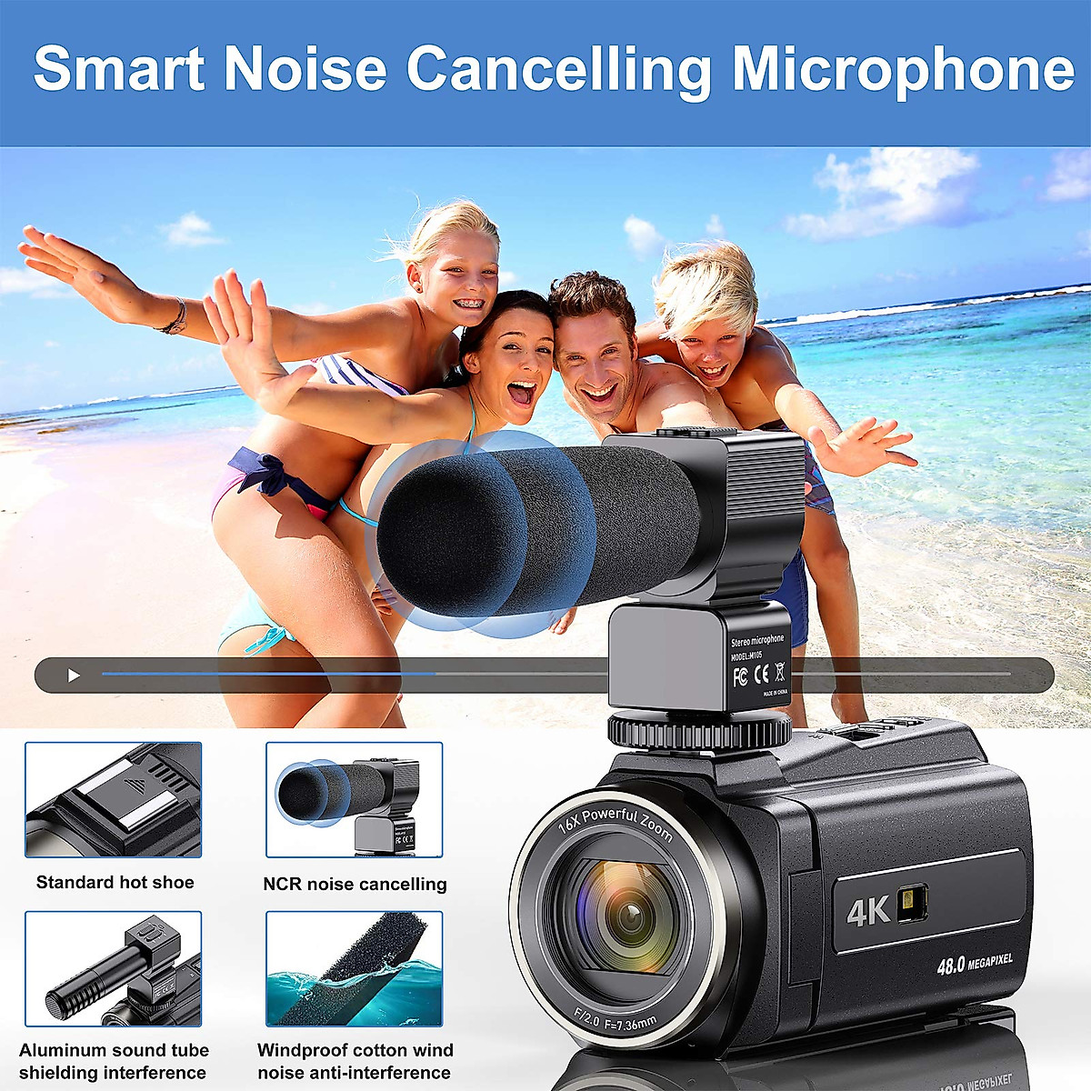 VAFOTON 4K Video Camera Camcorder with Microphone, 48MP Vlogging Camera for YouTube 16X Zoom 3.0" Touch Screen IR Night Vision Wi-Fi Vlog Cameras Webcam with Handheld Stabilizer Remote Control