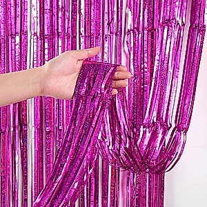 Slmeno 4 Pack 3.3x8.2 Feet Hot Foil Fringe Backdrop Curtains, Hot Foil Fringe Curtain Backdrop Streamers Party Decor Birthday Party, Baby Shower, Bachelorette, Disco, Grad Party, 4pcs Laser Rose-red