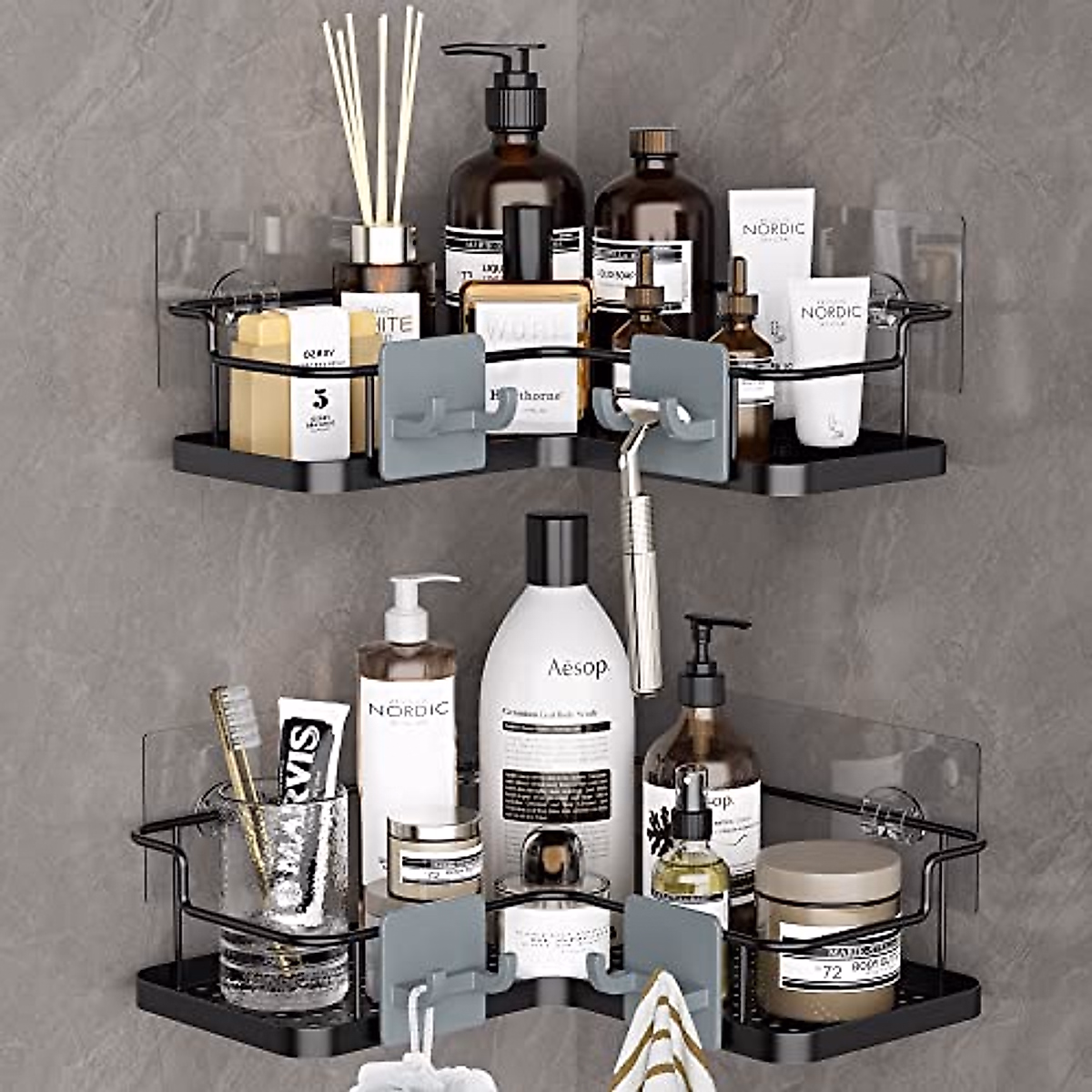 Nieifi 2 Pack Adhesive Corner Shower Caddy Shelf Organizer Rack with Hooks, Rustproof Shower Shelf Basket for Inside Shower, Bathroom, Kitchen, Black