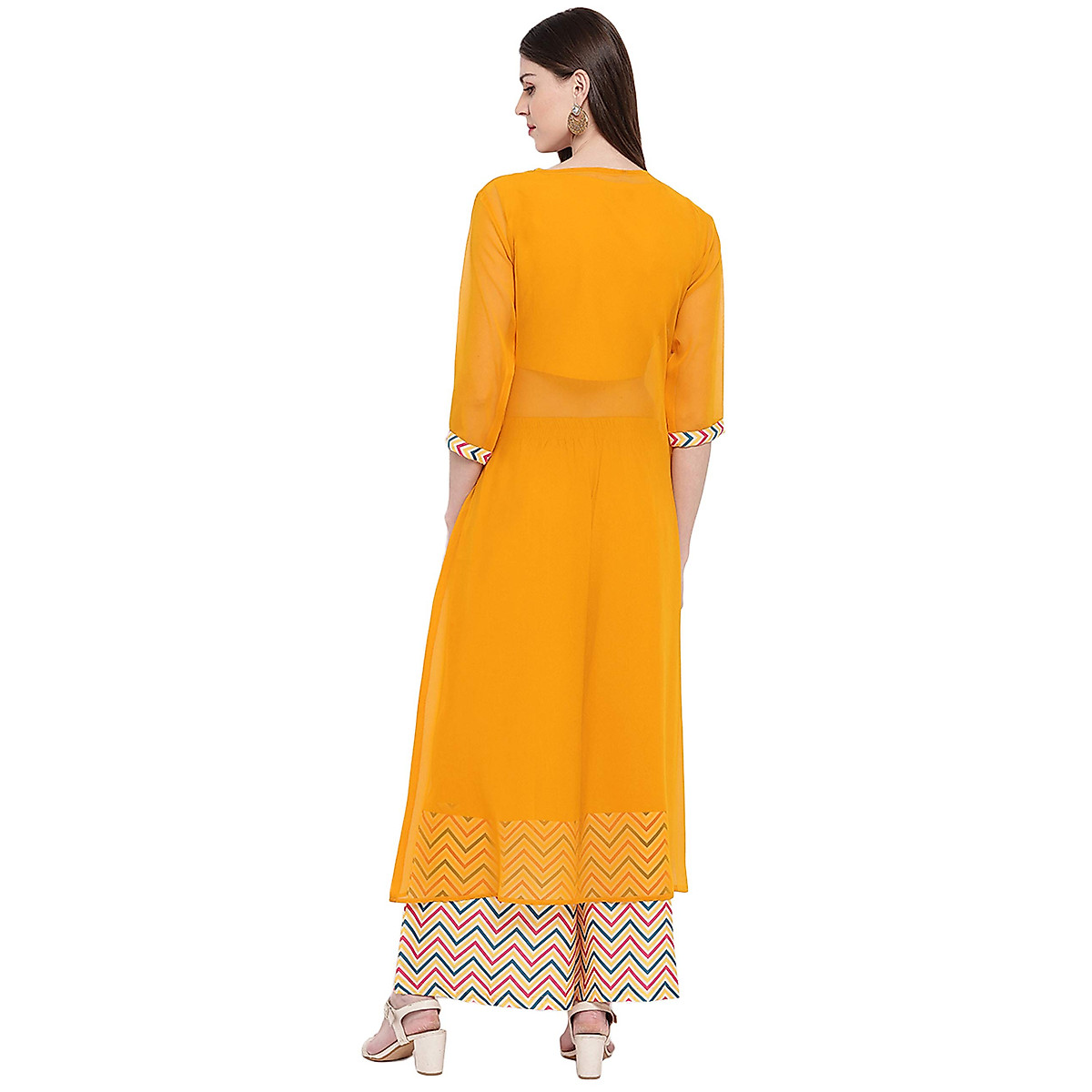 Janasya Indian Women's Yellow Poly Crepe Crop Top with Palazzo and Jacket