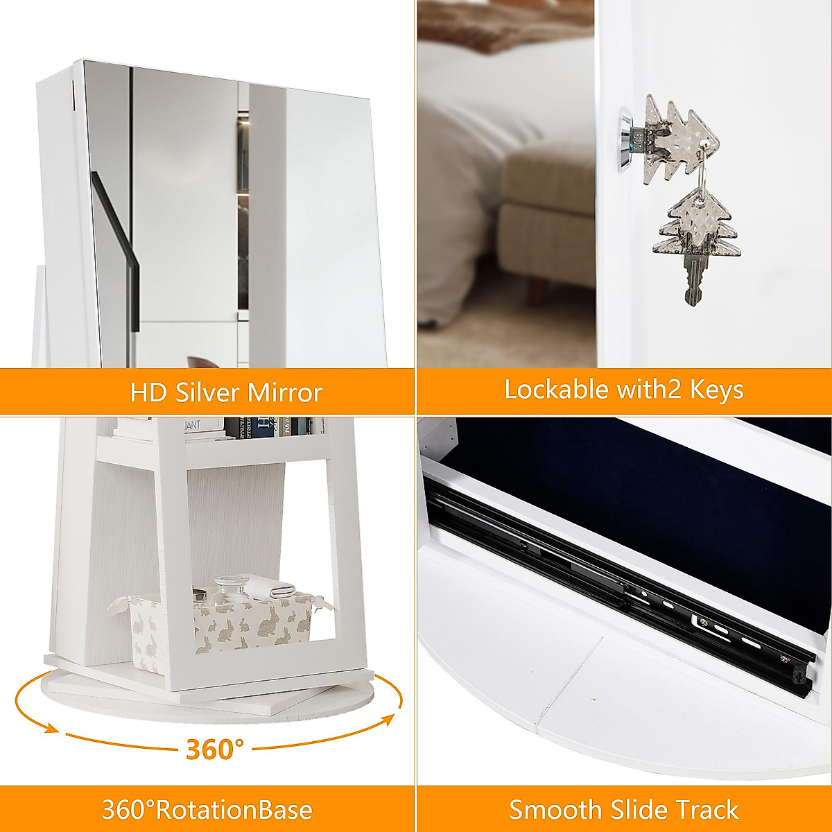 LVSOMT 360° Swivel Jewelry Mirror Cabinet with Lights, Standing Jewelry Armoire Organizer, 63" Rotatable Full-Length Mirror with Jewelry Storage, Lockable with Back Storage Shelve, White