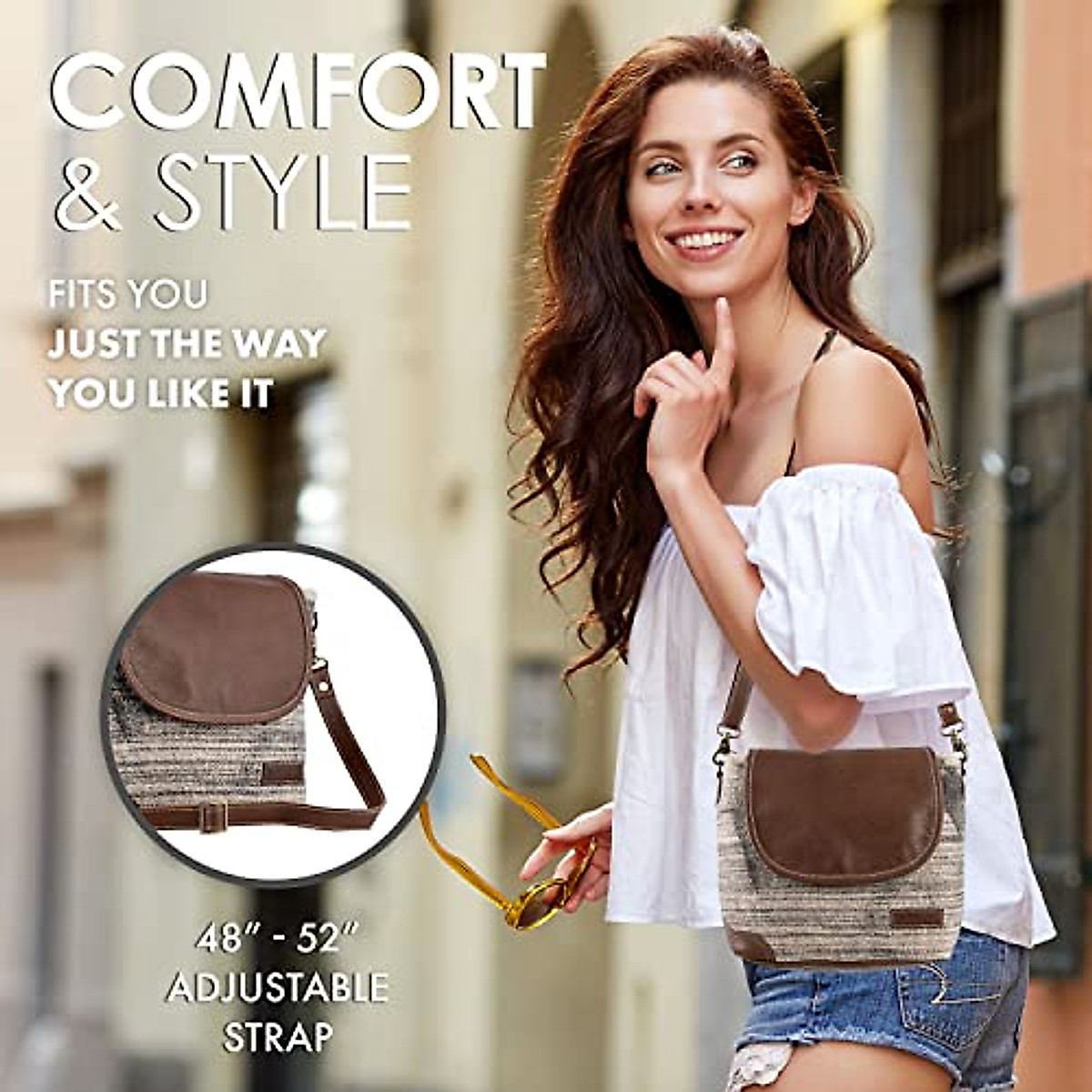 SIXTEASE Crossbody Bag for Women Vintage Style Genuine Leather, Upcycled Canvas, Rug, or Hair On - Cross Body Womens Bags with Inside Zipper Pockets - Eyesome