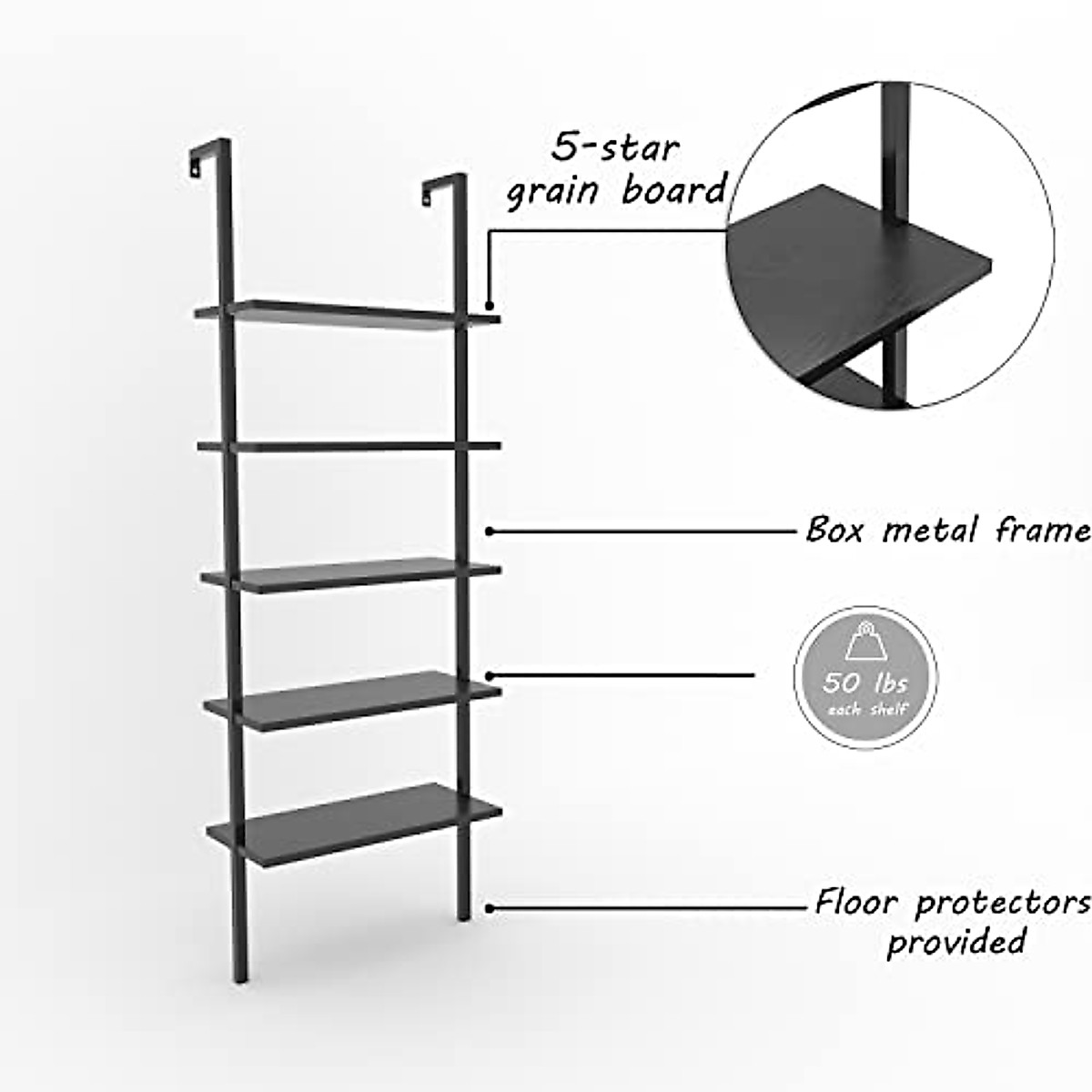 Furmax 5-Shelf Bookcase Wall Mount Bookshelf Modern Ladder Shelves with Wood Board and Industrial Metal Frame, for Home Office, Living Room, Bedroom, Entryway and Hallway (Black)