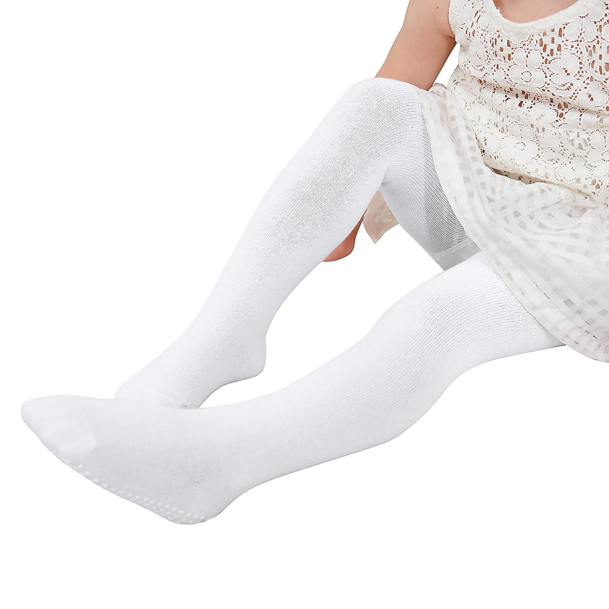 Zando Baby Tights for Girls Non Slip Grip Soft Comfortable Cotton Pantyhose Infant Seamless Leggings Toddler Thick Solid Knit Socks Warm Cute Baby Newborn Infant Stockings White L