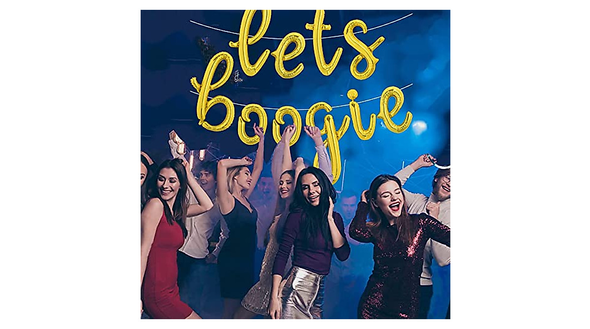 Gold Lets Boogie Balloons Banner for Retro Disco Parties | 16 Inch Gold ...