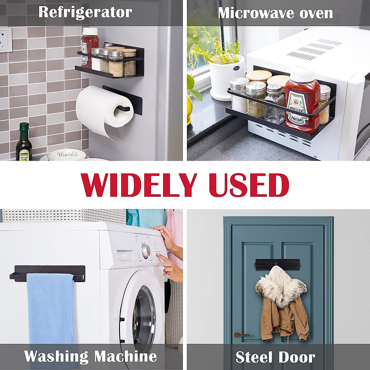 NiHome 2-Pack Magnetic Kitchen Organizer Racks (Spice Rack+Paper Towel Holder), Space Saving Drill-Free Multifunctional Magnetic Backing Refrigerator Metal Surface Rack Storage Shelf Towel Bar (Black)