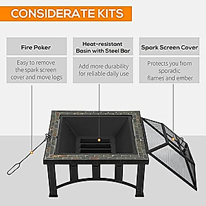 Outsunny 30" Outdoor Fire Pits, Square Steel Wood Burning Fire Pits with Spark Screen, Cooking Grill and Log Poker, Camping Fire Pit for Backyard, Patio