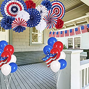 Adurself 4th of July Party Decorations Patriotic Party Supplies Red White Blue Paper Fans Pom Poms Balloons USA Pennant Flags Banners for USA Theme Party Independence Day Celebration Party Decoration