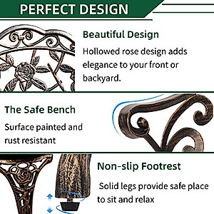 Payhere Garden Benches for Outdoor, 39.7 in Antique Designed Metal Rose Carving Front Porch Bench, Cast Iron Cast Bronze Frame Antique Finish, Durable Patio Park Decor Leisure Bench for 2 Person Seat