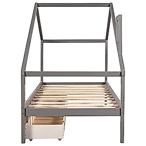 Platform Bed Daybed with Two Pull-Out Drawers and Roof, House Bed Frame for Kids, Twin Size, Gray
