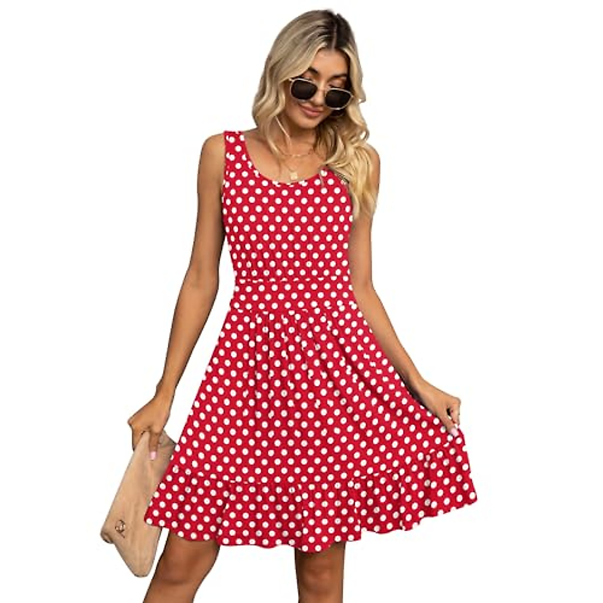 LILBETTER Women's Beach Dresses for Women Casual Summer Sexy Knee Length Mini Dresses(F Red Polka Dot, XX-Large)